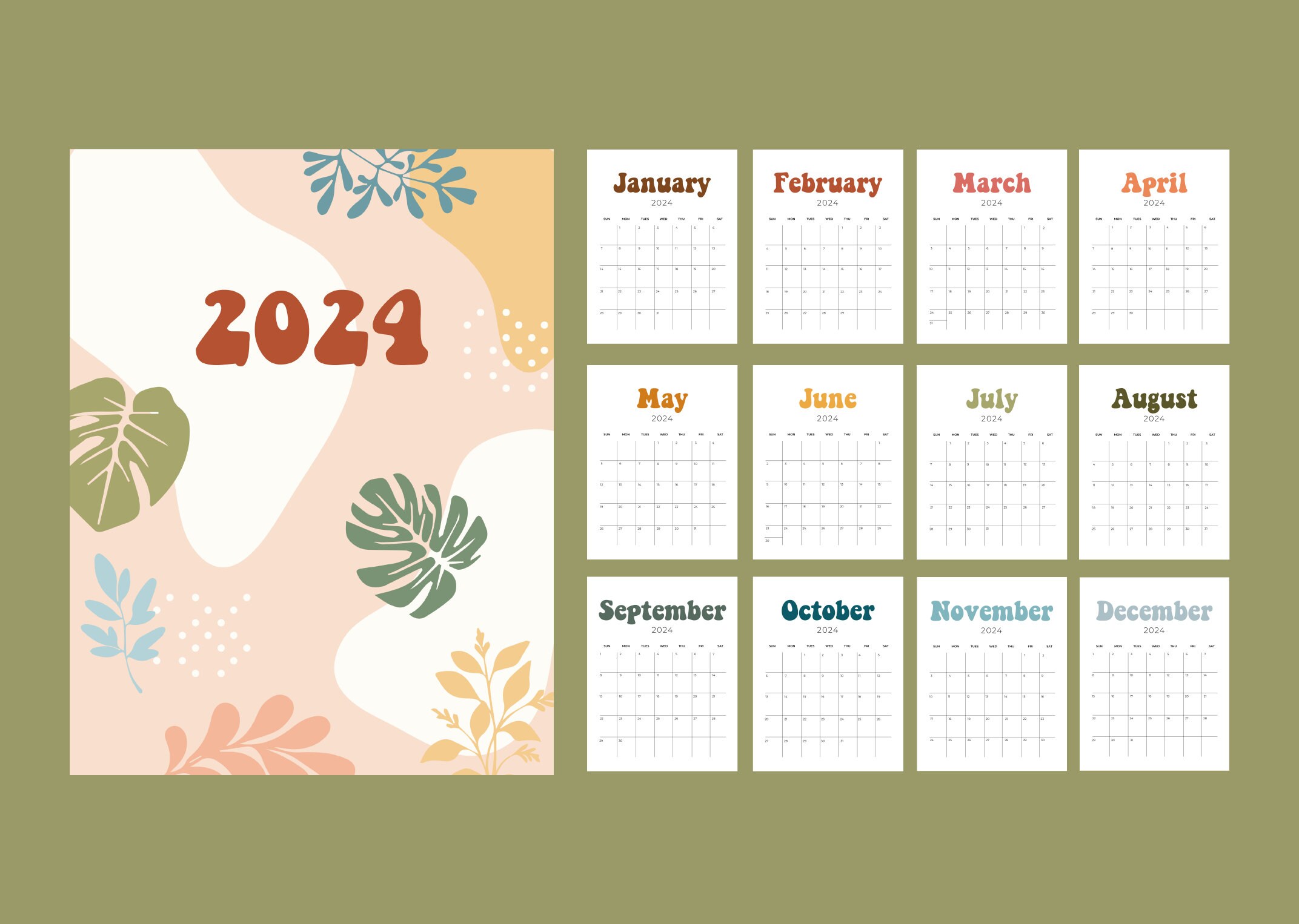 2024 Groovy Calendar Printable Digital Download Planner Trendy Modern ...