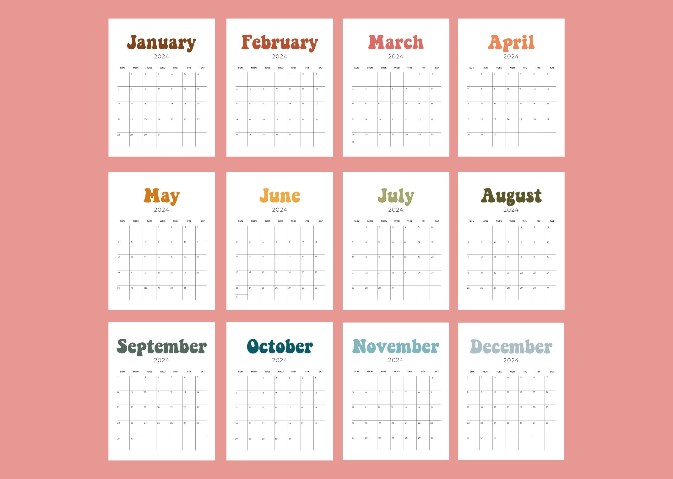 2024 Groovy Calendar Printable Digital Download Planner Trendy Modern ...