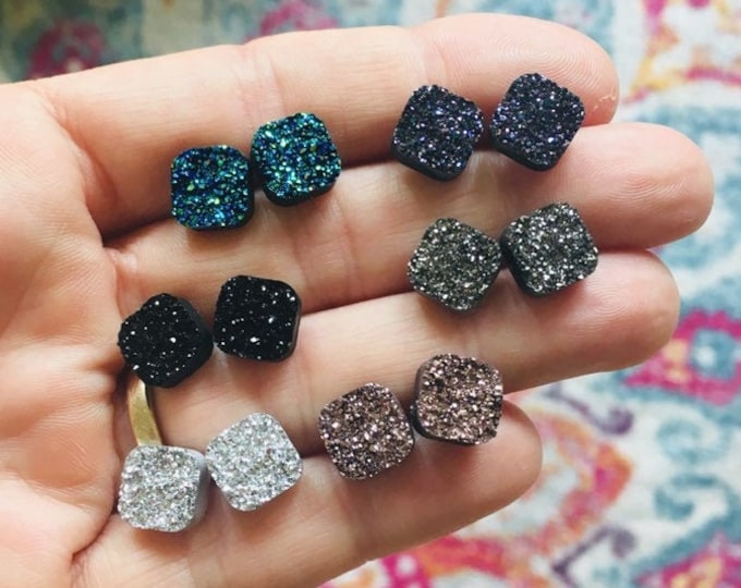 Square Druzy Earrings Sparkly Square Studs Faux Drusy New - Etsy