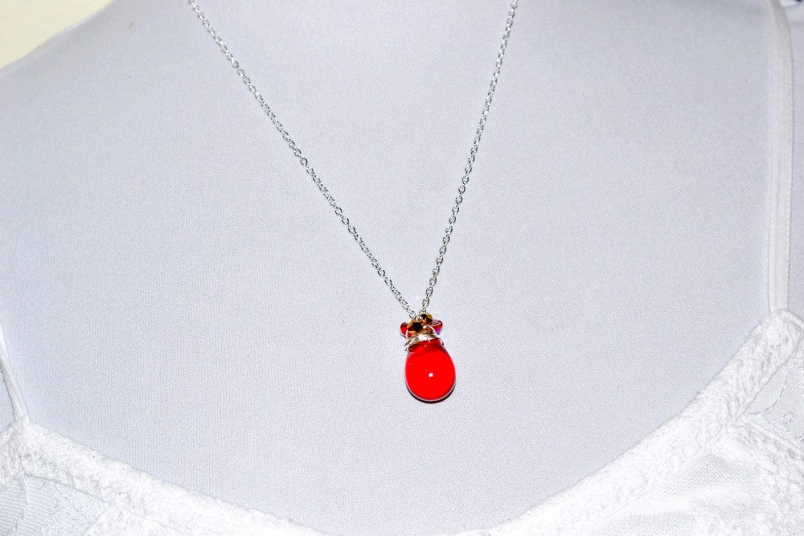 Red Beaded Necklace, Red Gumdrop Pendant, Red Teardrop Studded Pendant ...