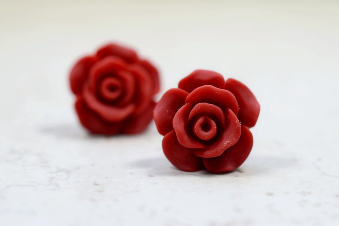 Red Rose Earrings Cottage Chic Vintage Style Dark Red Boho | Etsy