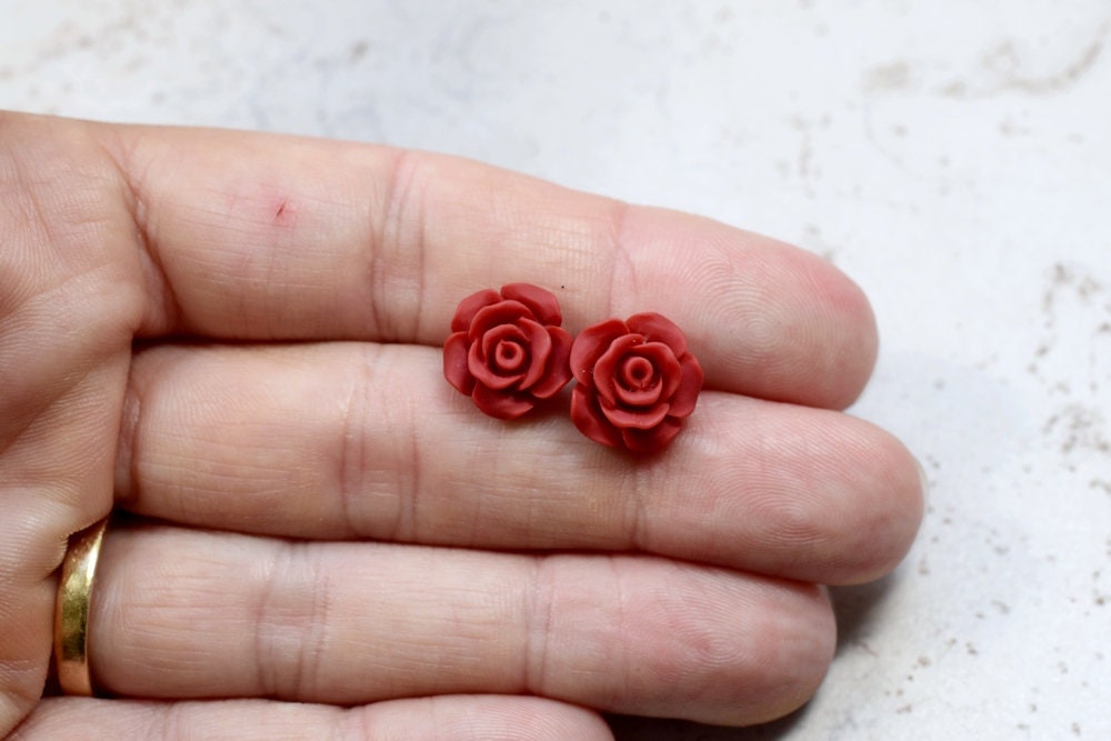 Red Rose Earrings Cottage Chic Vintage Style Dark Red Boho - Etsy