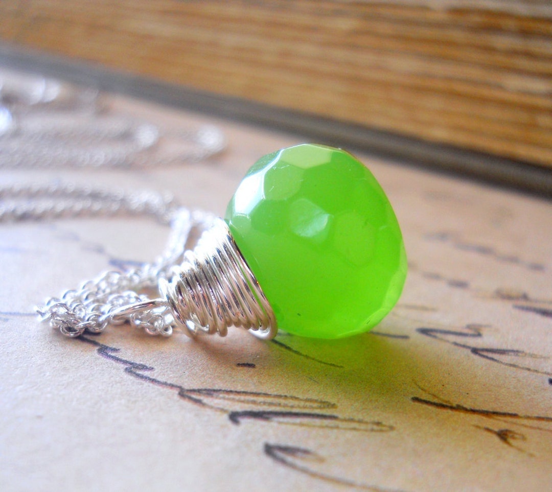 Jade Green Necklace, Lime Green Quartz Pendant, Sterling Silver Wire ...