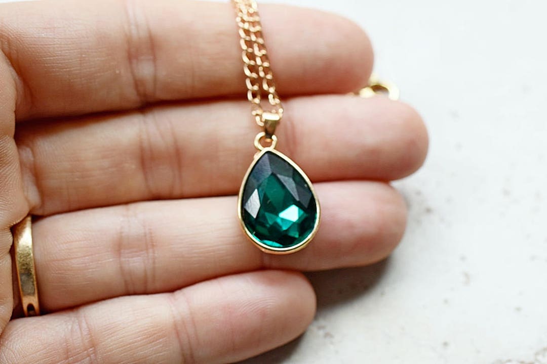 Emerald Green Necklace, Green Rhinestone Teardrop Pendant, Dark Green ...
