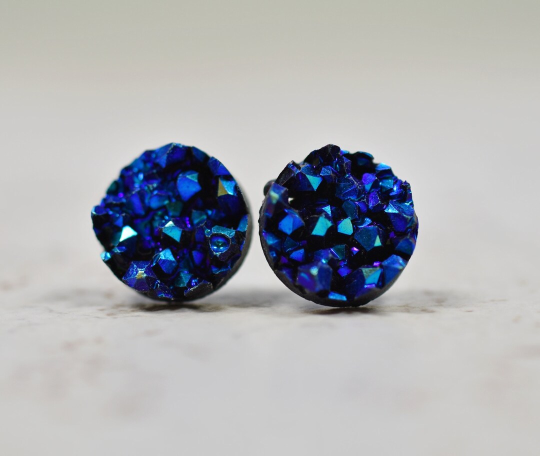 Titanium Blue Druzy Earrings, 10mm Dark Ocean Blue Druzy Earring ...