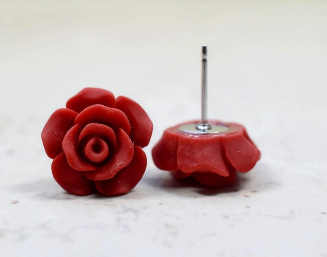 Red Rose Earrings Cottage Chic Vintage Style Dark Red Boho - Etsy