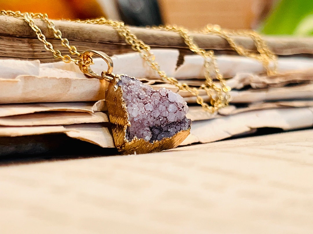 Amethyst Druzy Necklace, Raw Crystal Amethyst Triangle Slice, Amethyst ...