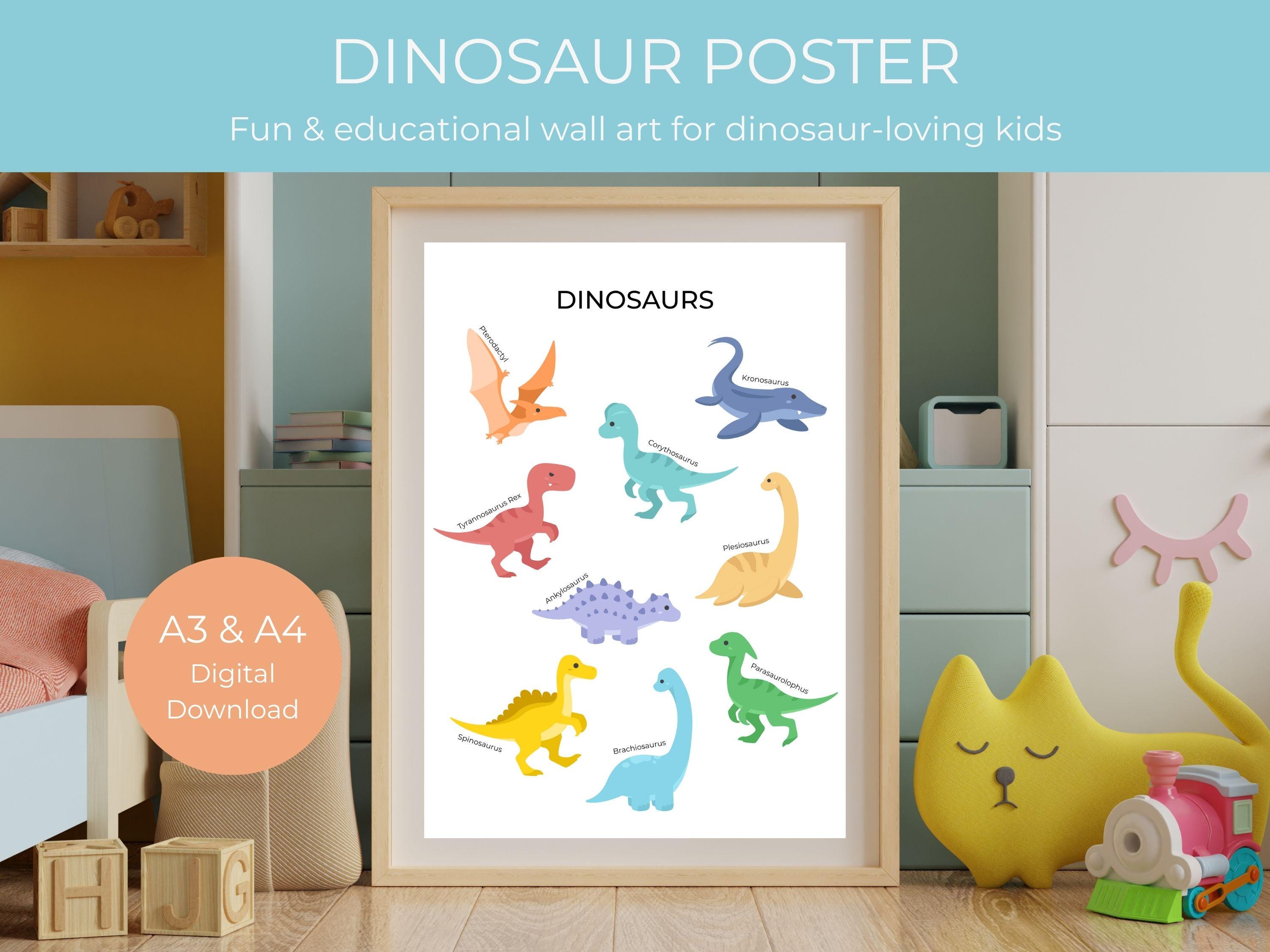 Printable Dinosaur Poster for Kids – A3 & A4 Wall Art – Cute Dino Chart ...