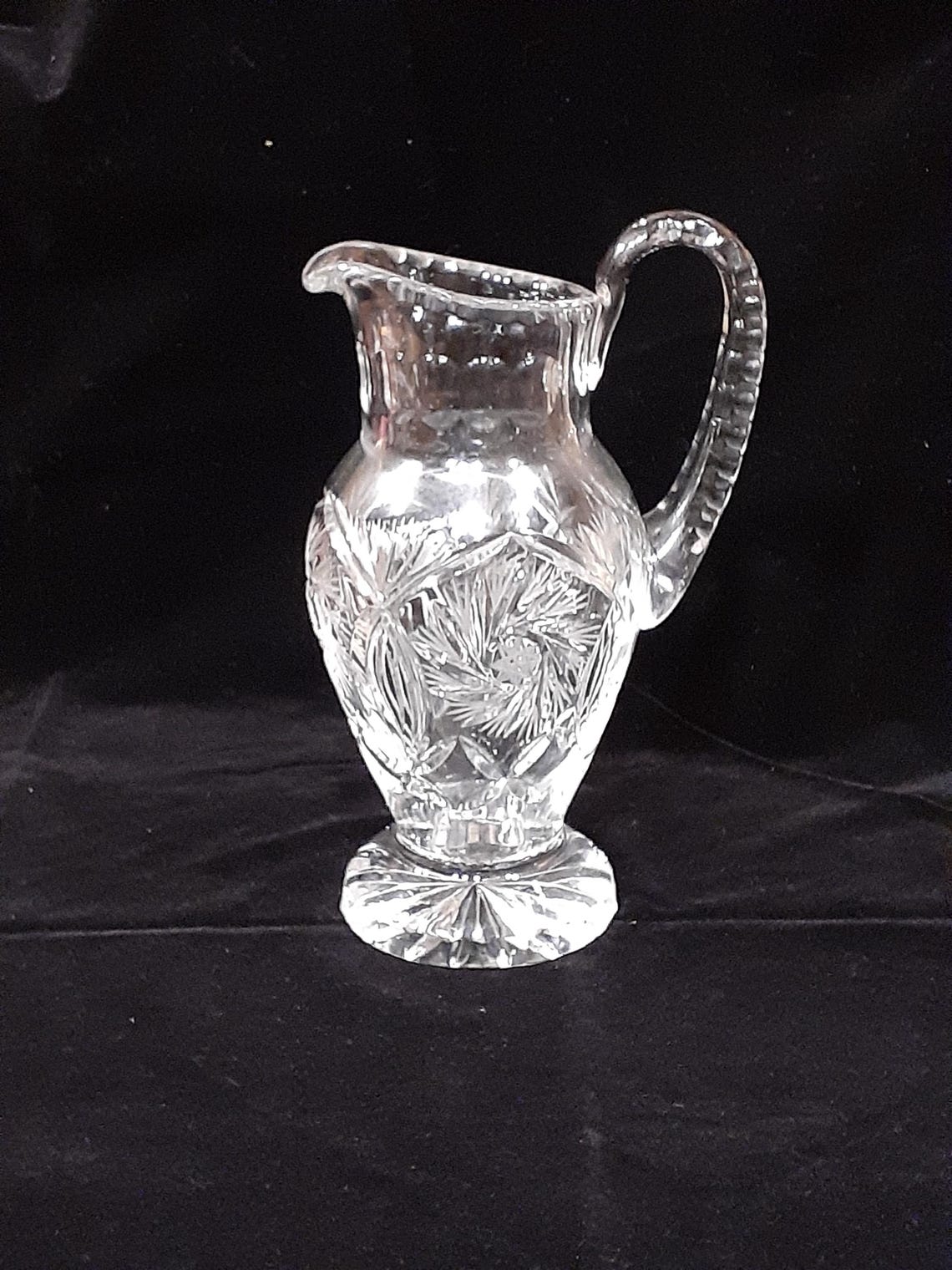 VINTAGE Bohemian Lead Crystal Pitcher Scalloped Handle Footed Base ...