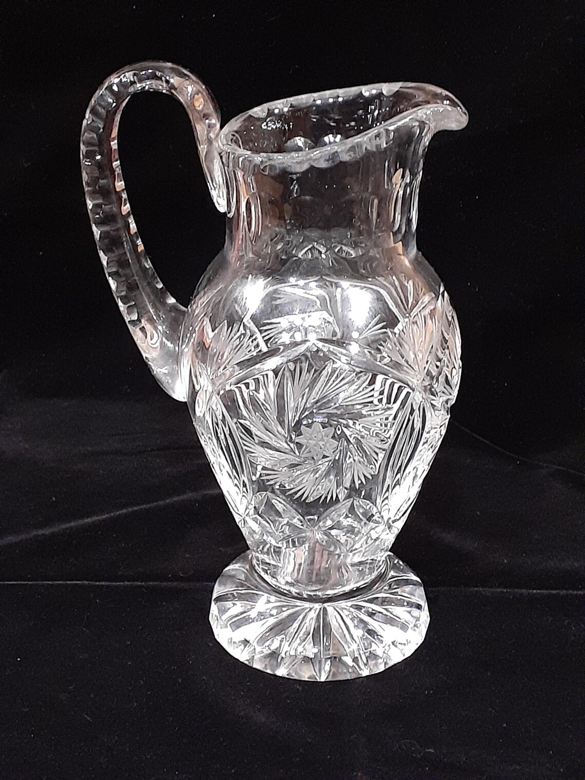 VINTAGE Bohemian Lead Crystal Pitcher Scalloped Handle Footed Base ...