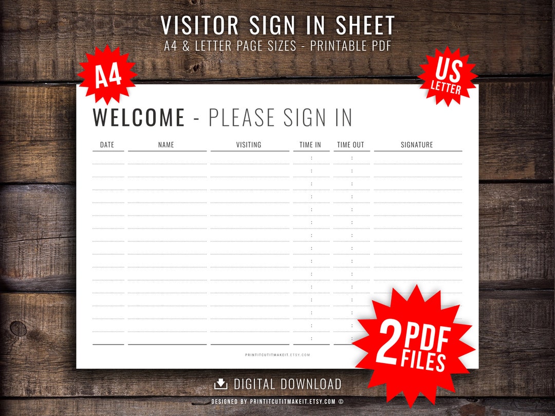 Visitor Guest Sign in Sheet for Business Work Place, 2 Printable PDF ...
