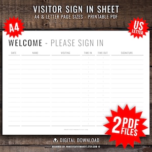 Visitor Guest Sign in Sheet for Business Work Place, 2 Printable PDF ...