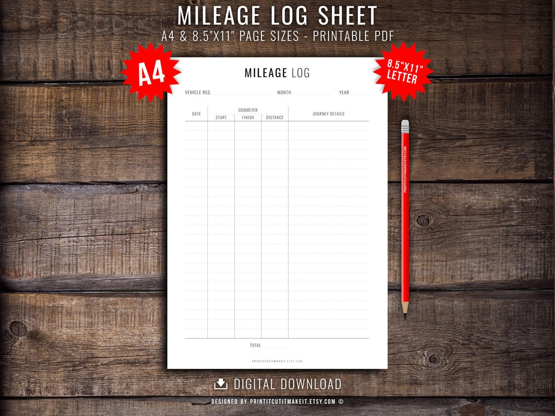 Printable Mileage Log Sheet: Business Miles Tracker (digital Download ...