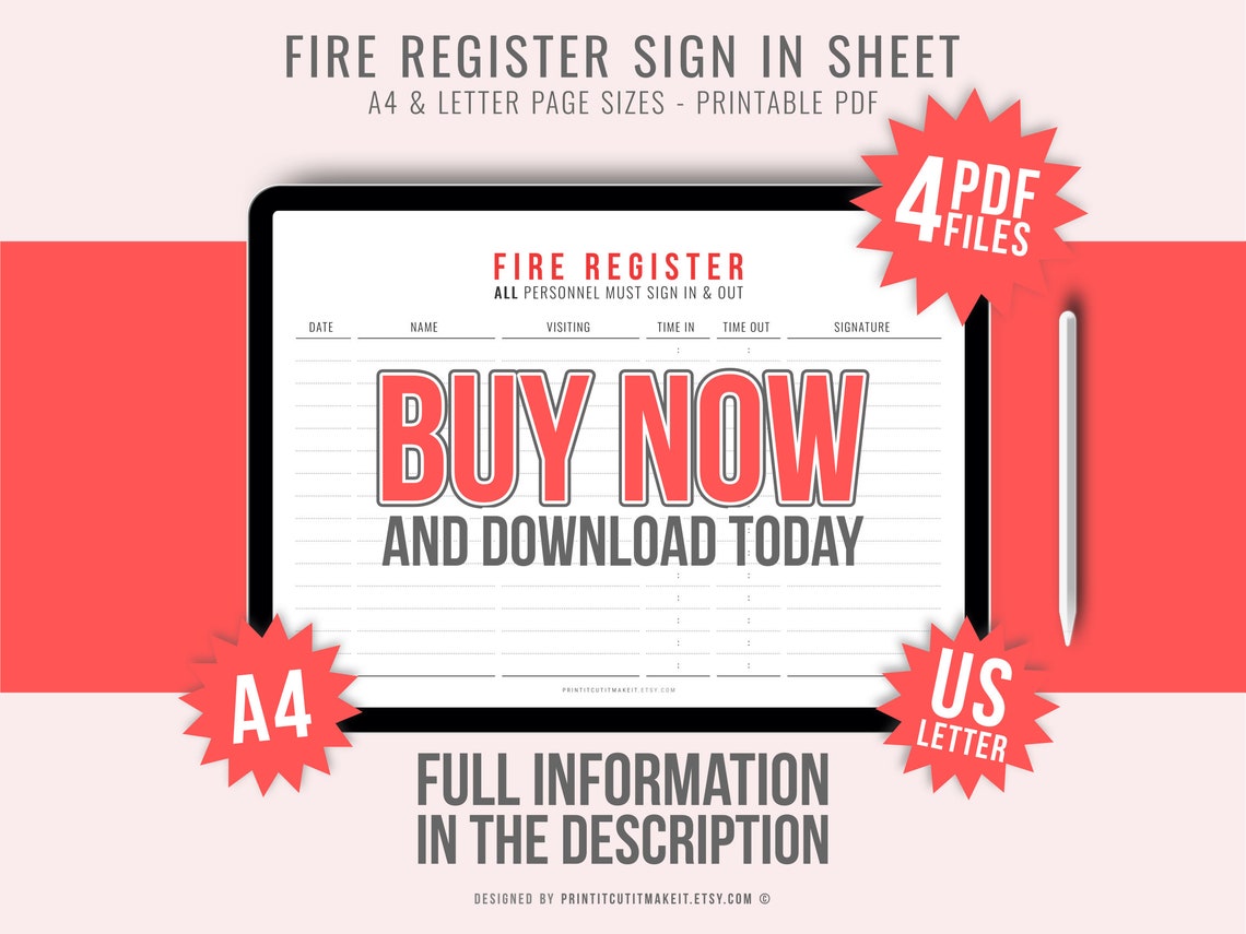 Fire Register Visitor Sign in Sheet Printable PDF Template - Etsy