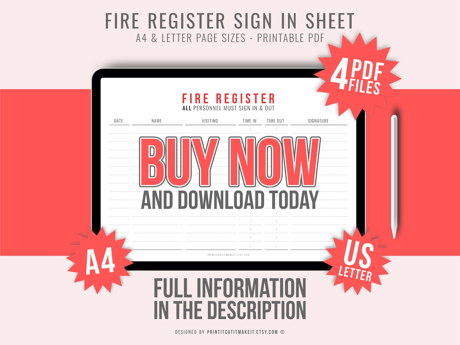 Fire Register Visitor Sign in Sheet Printable PDF Template - Etsy