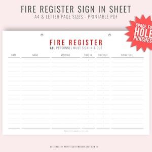 Fire Register Visitor Sign in Sheet Printable PDF Template - Etsy