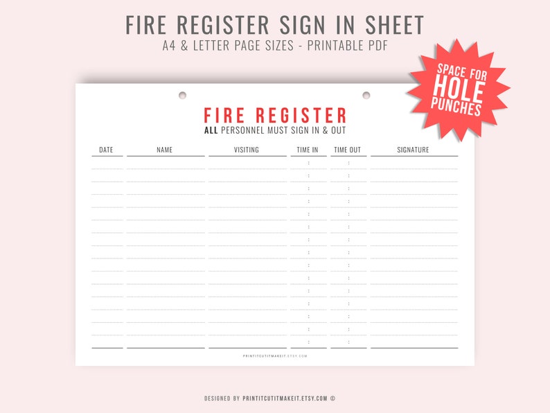 Fire Register Visitor Sign in Sheet Printable PDF Template - Etsy