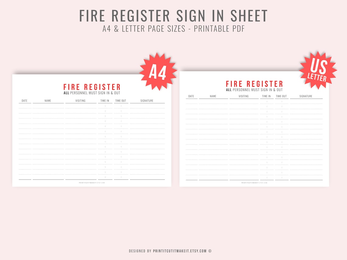 Fire Register Visitor Sign in Sheet Printable PDF Template - Etsy