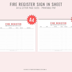 Fire Register Visitor Sign in Sheet Printable PDF Template - Etsy