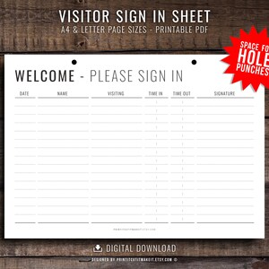 Visitor Guest Sign in Sheet for Business Work Place, 2 Printable PDF ...