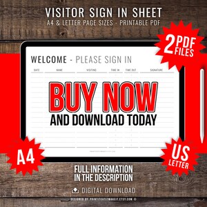 Visitor Guest Sign in Sheet for Business Work Place, 2 Printable PDF ...