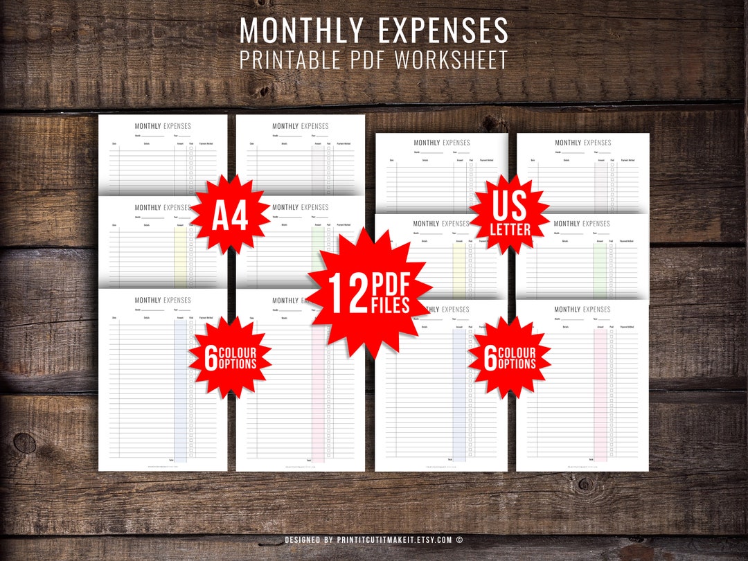 Monthly Expenses Printable PDF Worksheet, Minimalist Design, 6 Colours ...