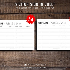 Visitor Guest Sign in Sheet for Business Work Place, 2 Printable PDF ...