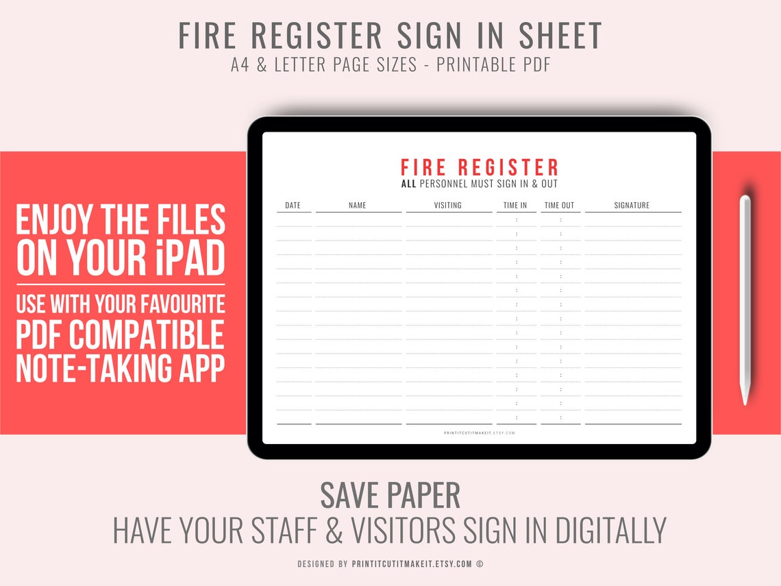 Fire Register Visitor Sign in Sheet Printable PDF Template - Etsy
