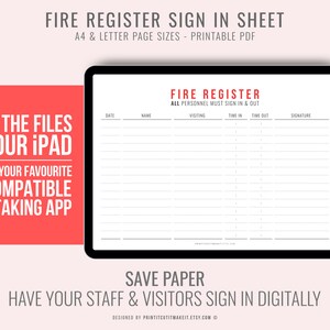 Fire Register Visitor Sign in Sheet Printable PDF Template - Etsy