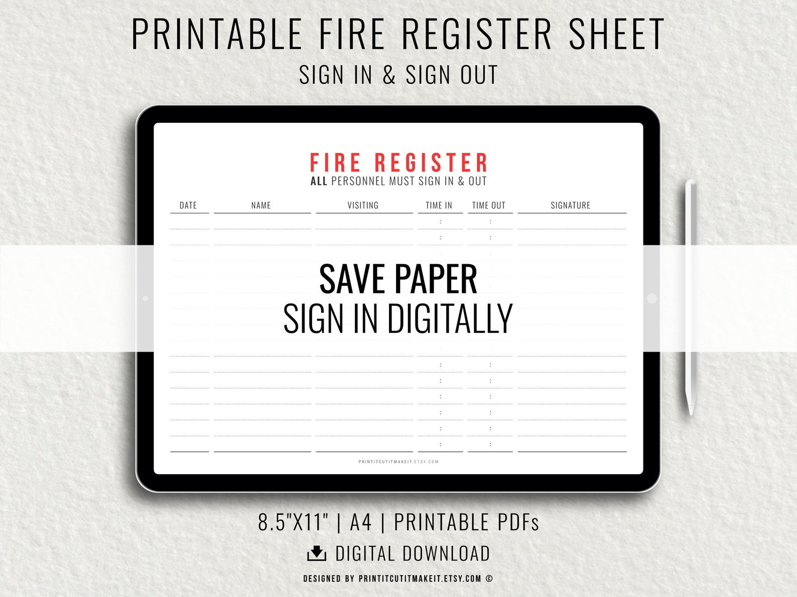 Fire Register Sign in Sheet: Minimalist Printable PDF (A4/US Letter) - Etsy