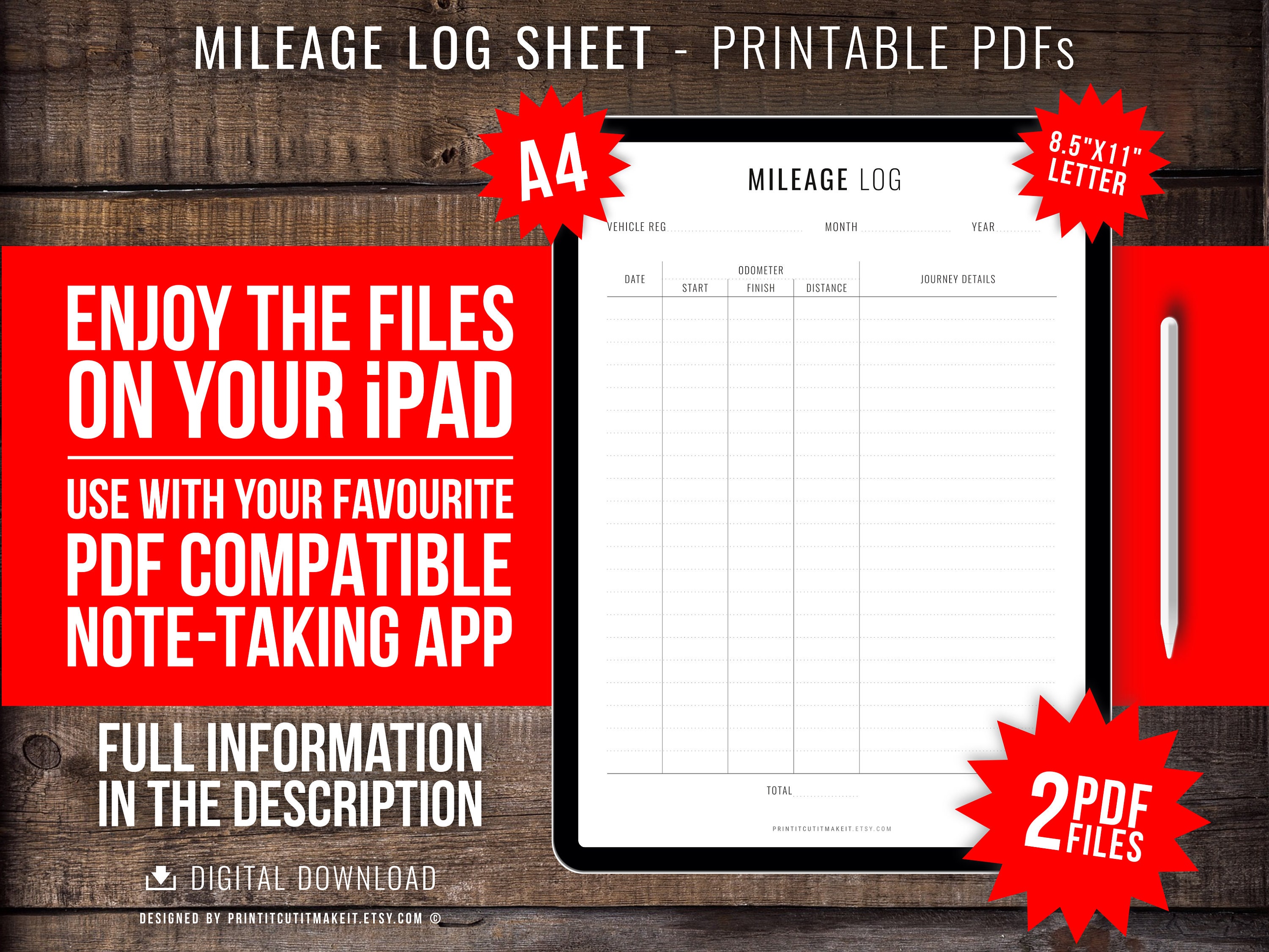 Printable Mileage Log Sheet: Business Miles Tracker (digital Download ...