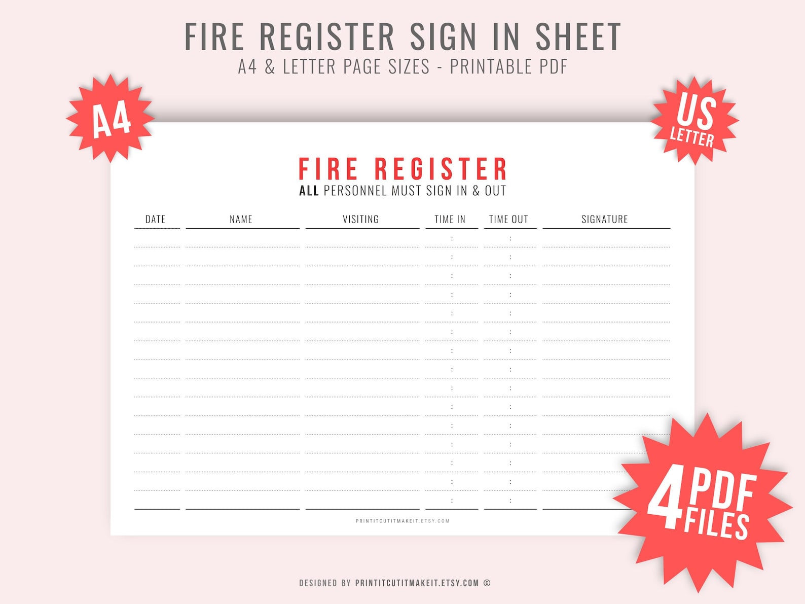 Fire Register Visitor Sign in Sheet Printable PDF Template - Etsy