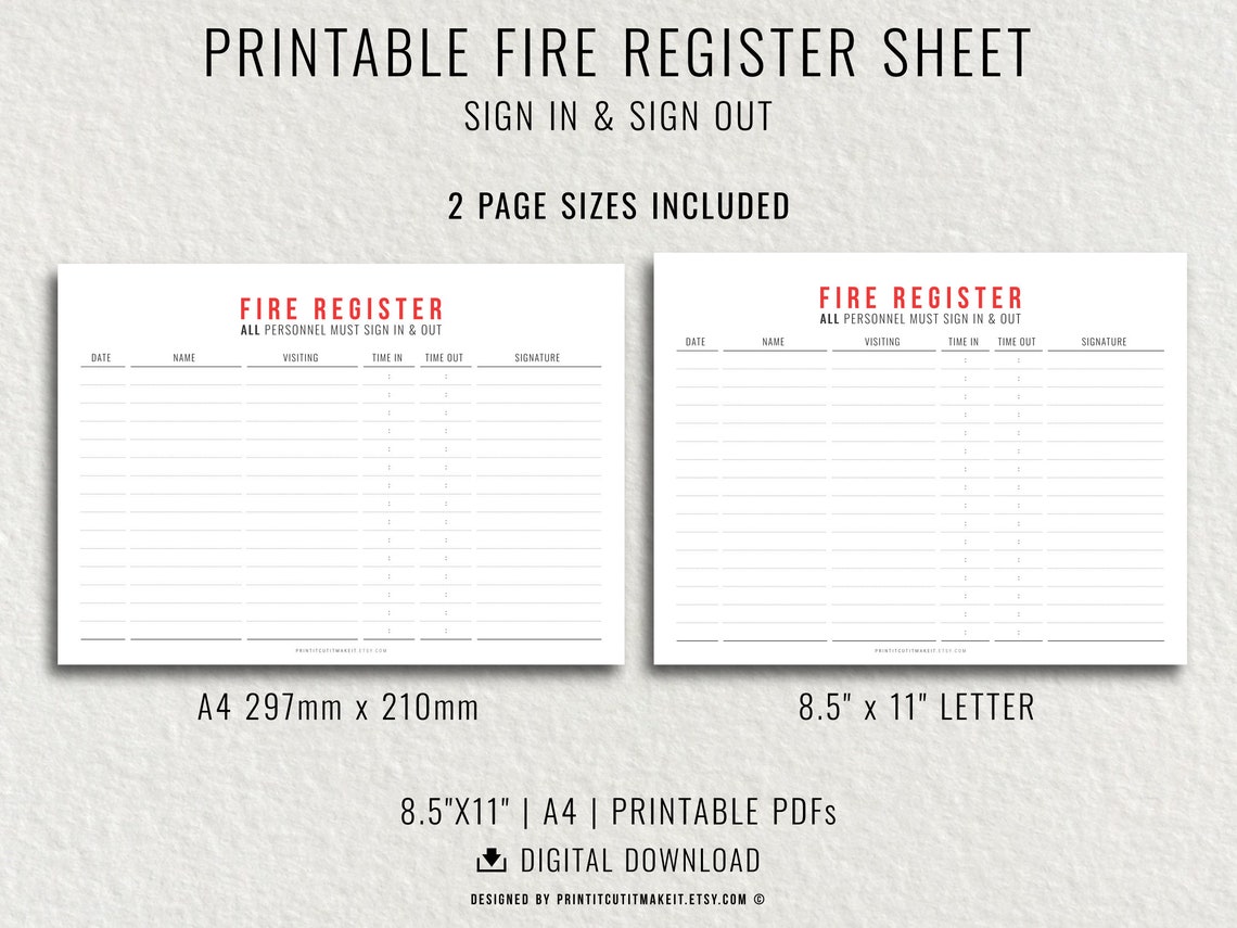 Fire Register Sign in Sheet: Minimalist Printable PDF (A4/US Letter) - Etsy