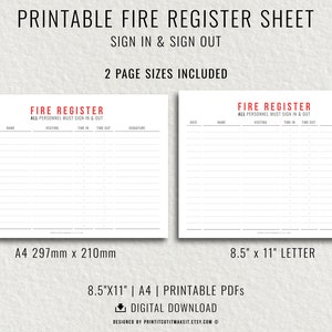 Fire Register Visitor Sign in Sheet Printable PDF Template, Minimalist ...