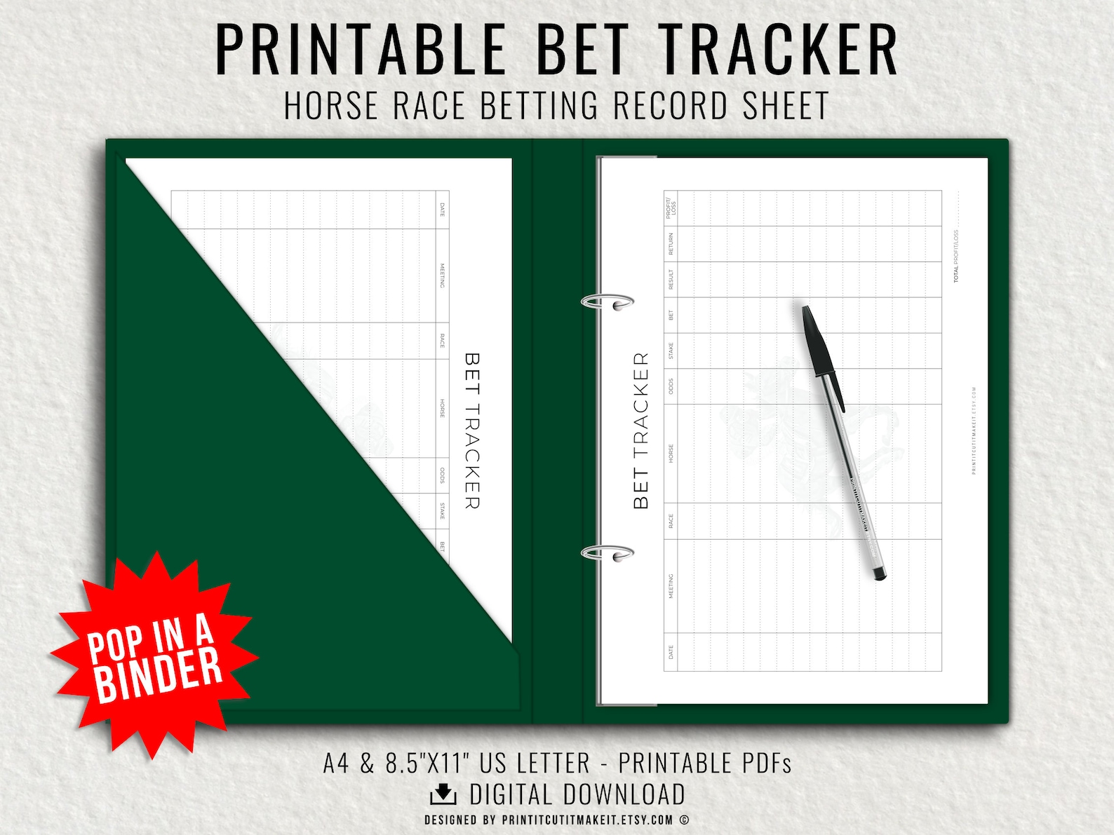 Printable Horse Racing Bet Tracker, Race Track Horse Betting Record ...