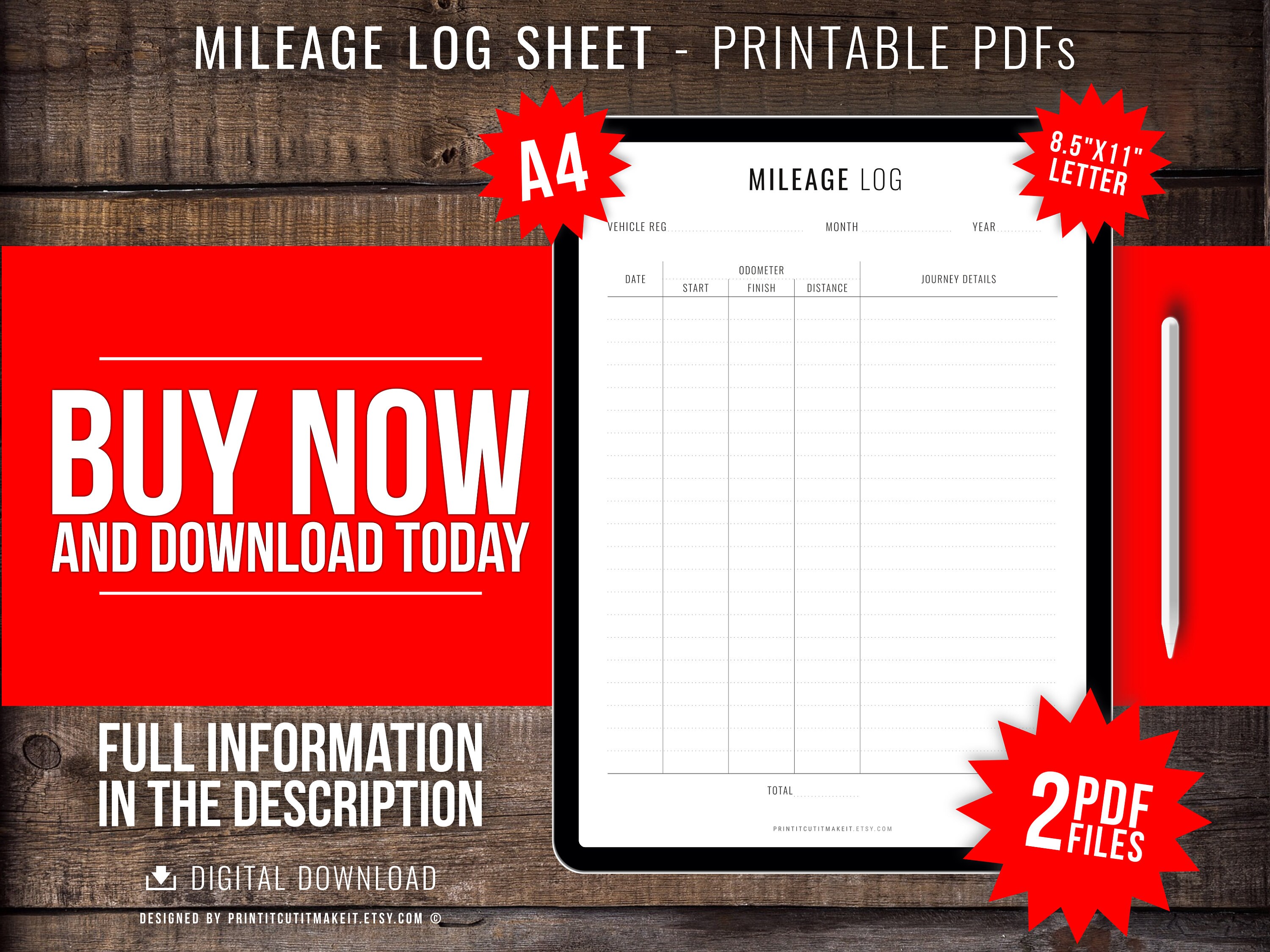 Printable Mileage Log Sheet: Business Miles Tracker (digital Download ...