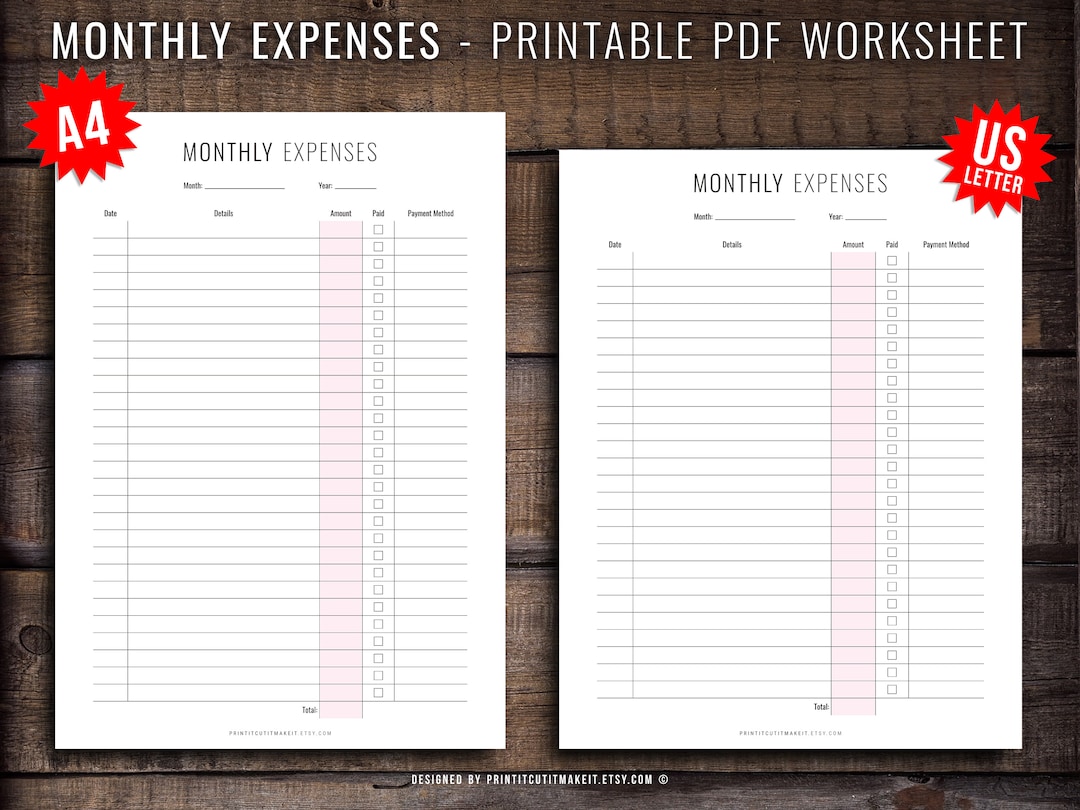 Monthly Expenses Printable PDF Worksheet, Minimalist Design, 6 Colours ...