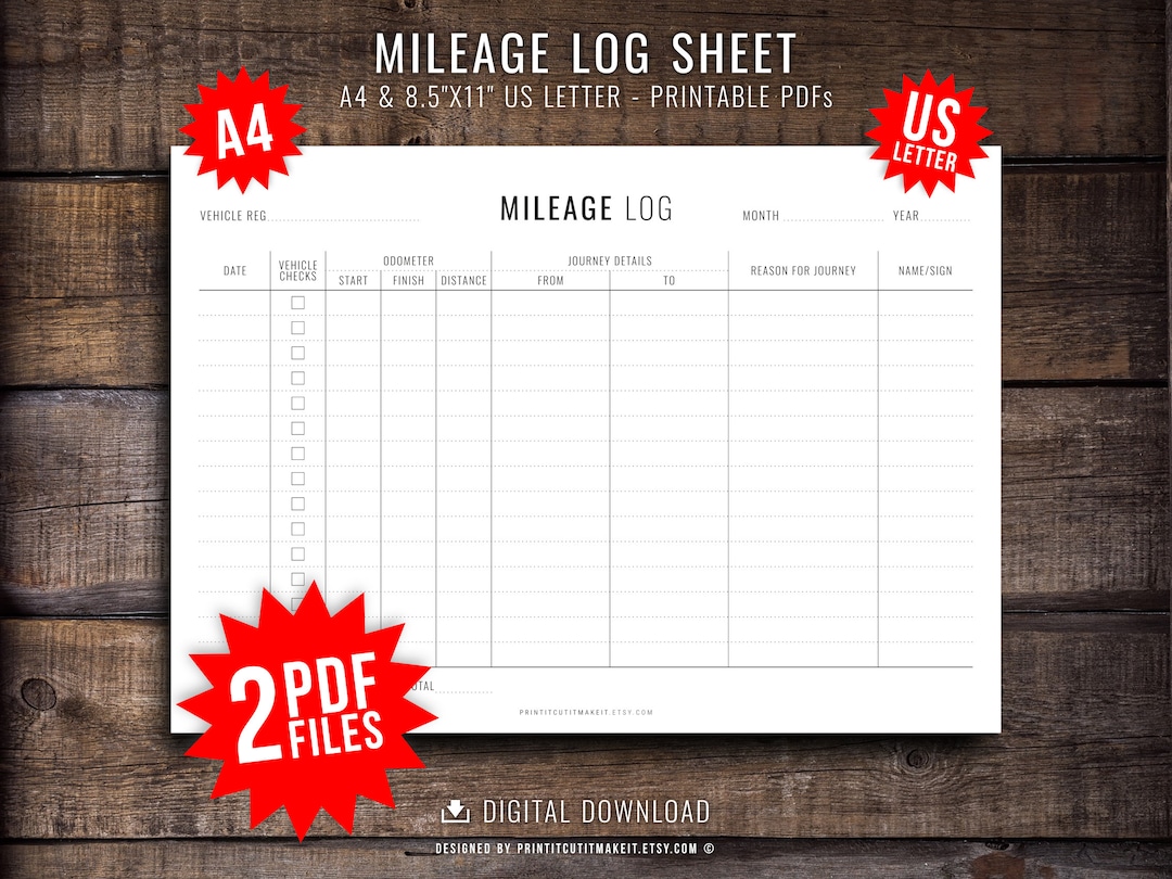 Mileage Log Printable PDF Form, Business Mileage Tracker, A4 / 8.5"x11 ...
