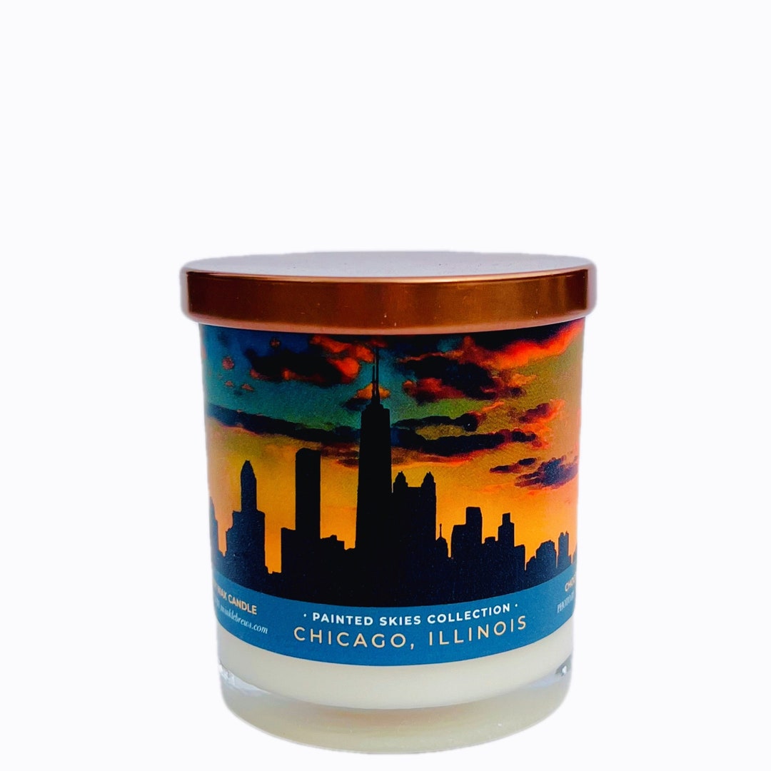 Chicago Skyline Sunset Candle, 8.5 Oz. Soy Wax, Chocolate Scent, Earthy ...