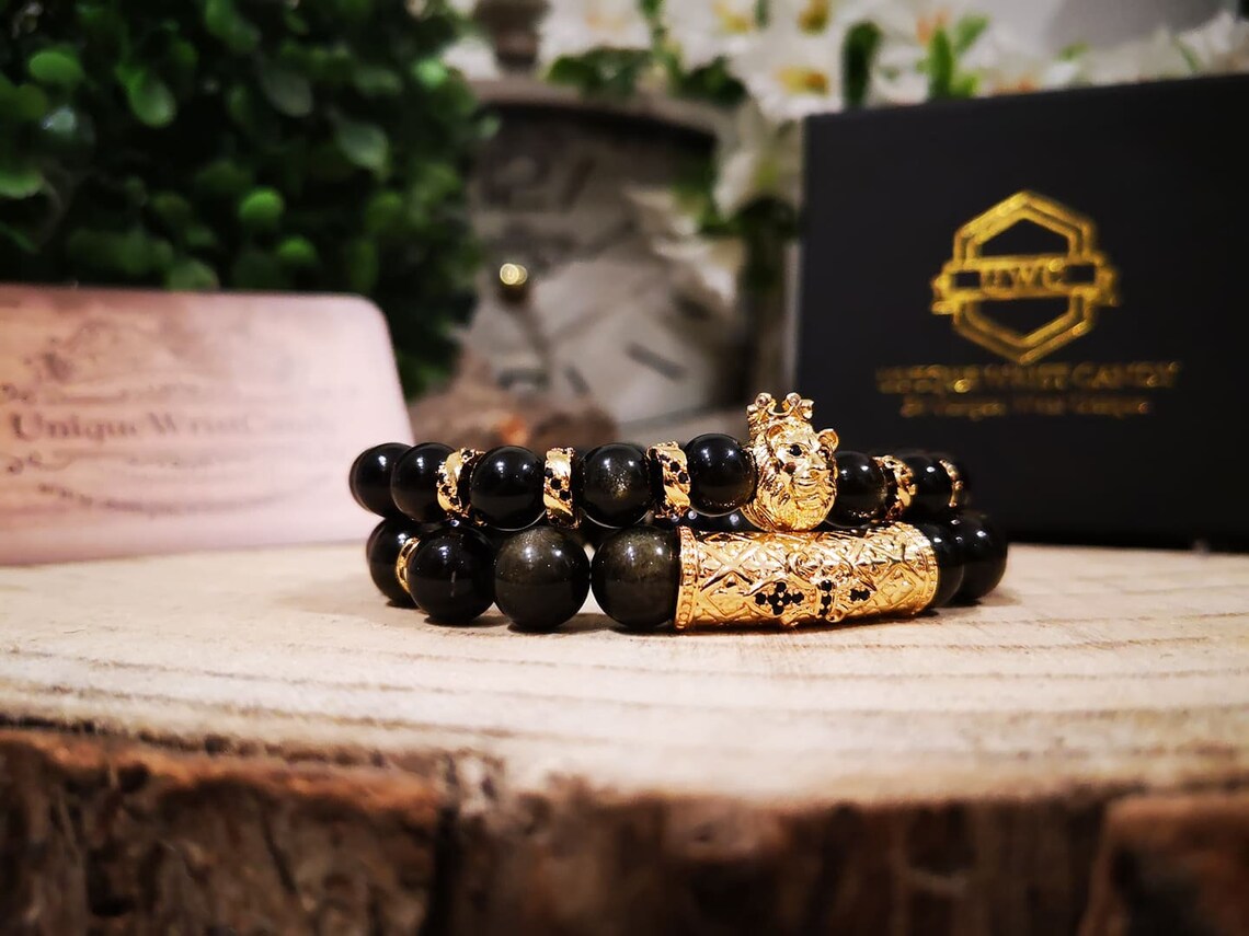 Gold Obsidian Luxury Lion Gift Set, Golden Luxury Bracelets, Christmas ...