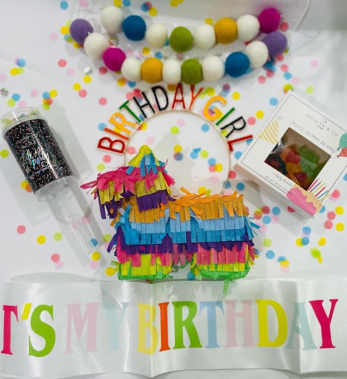 Curated Birthday Gift Set Mini Piñata, Tiara & Sash, Garland, Confetti ...