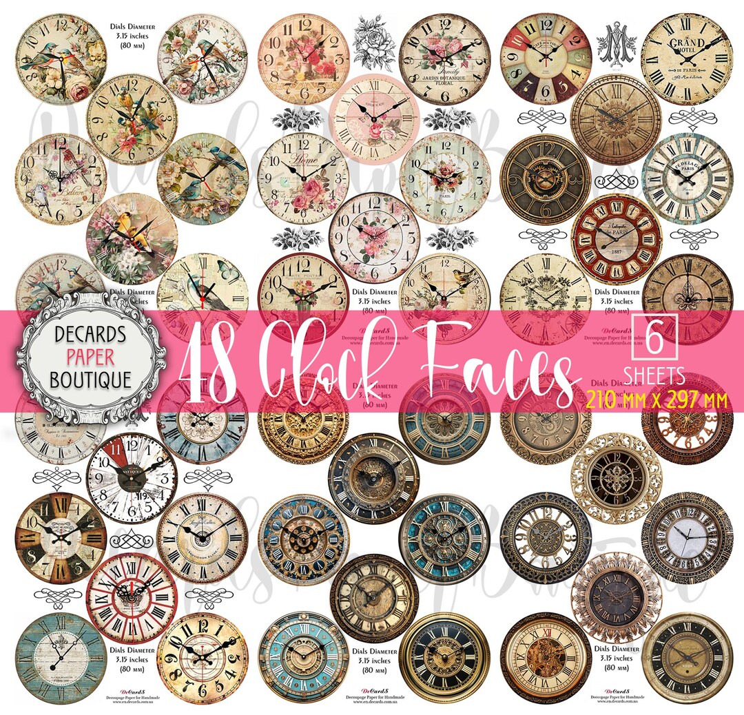 6 Decoupage Papers Set 48 Retro Clock Faces Diam. 3.15 80 Mm Victorian ...