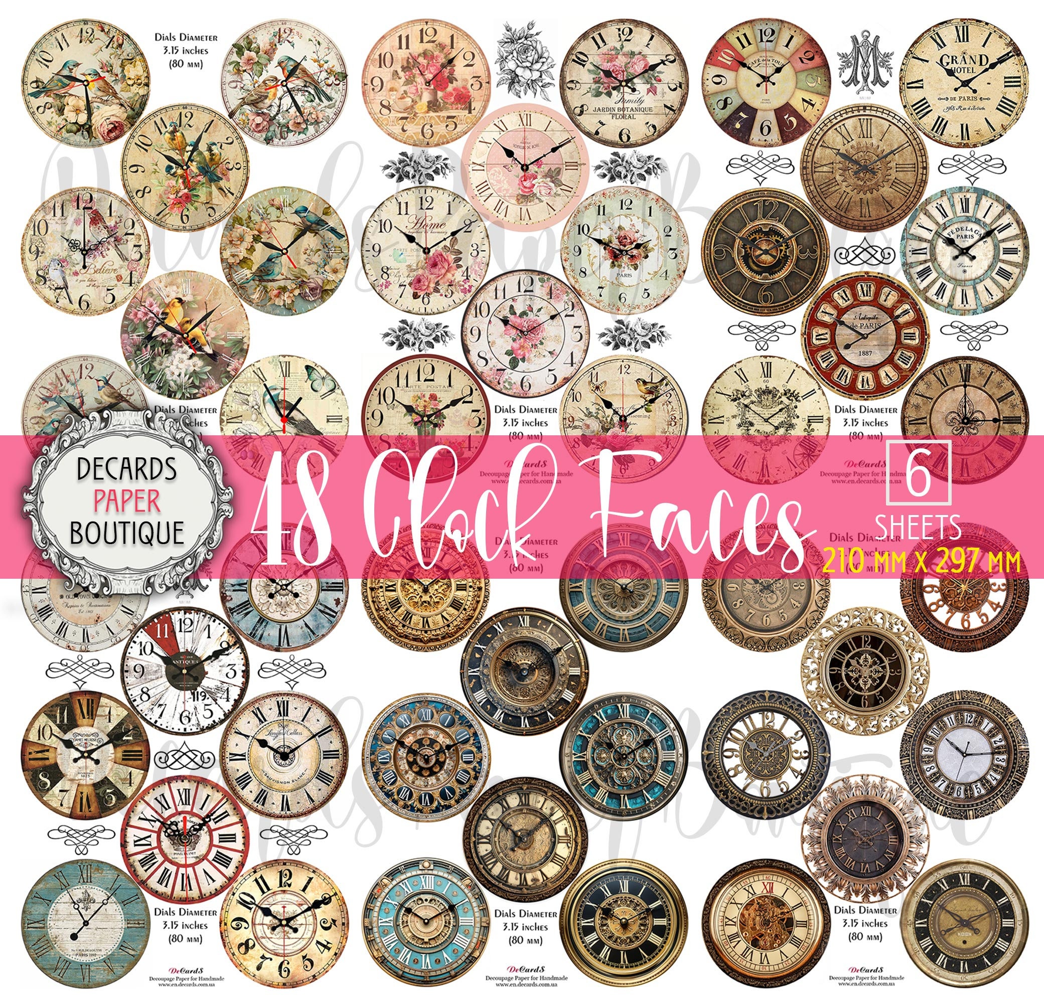 6 Decoupage Papers Set 48 Retro Clock Faces Diam. 3.15 80 Mm Victorian ...