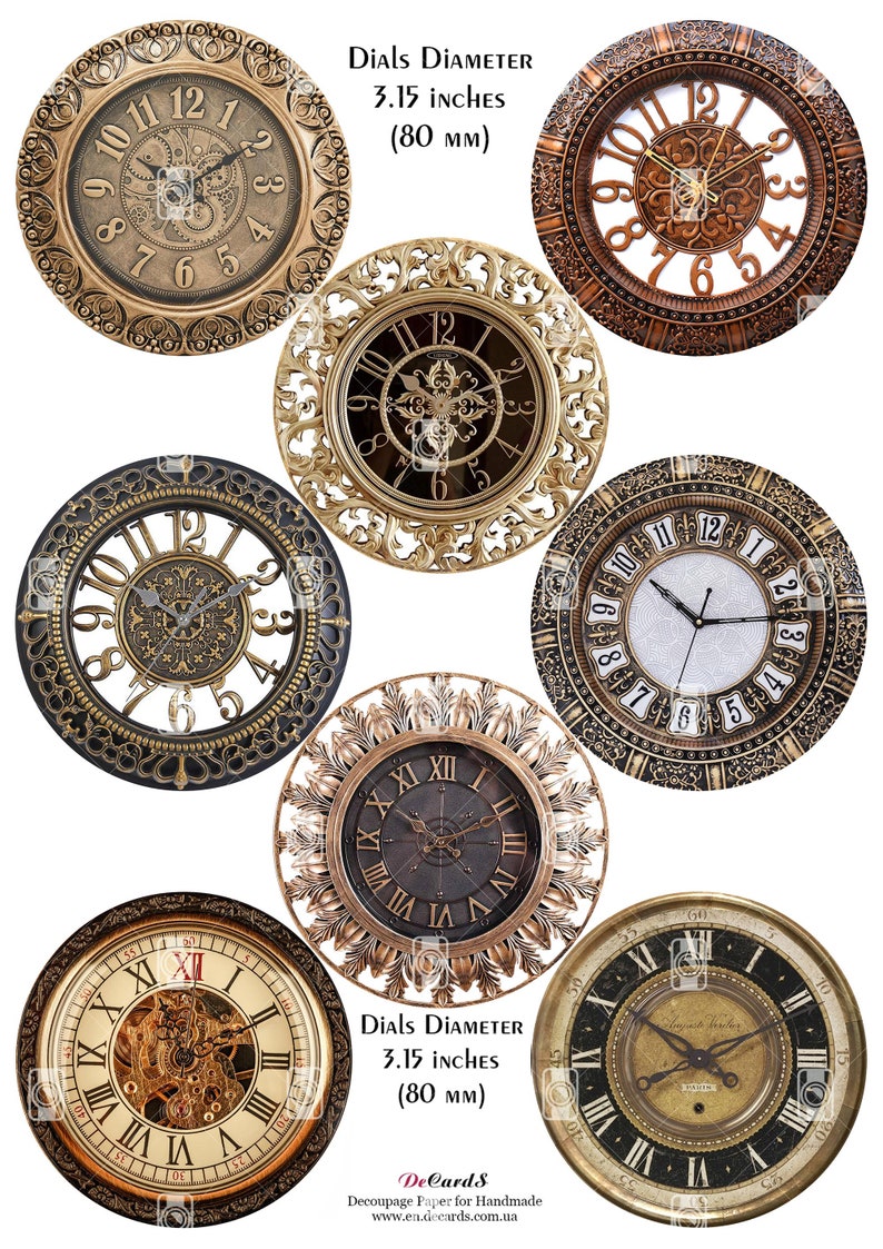 6 Decoupage Papers Set 48 Retro Clock Faces Diam. 3.15 80 Mm Victorian ...