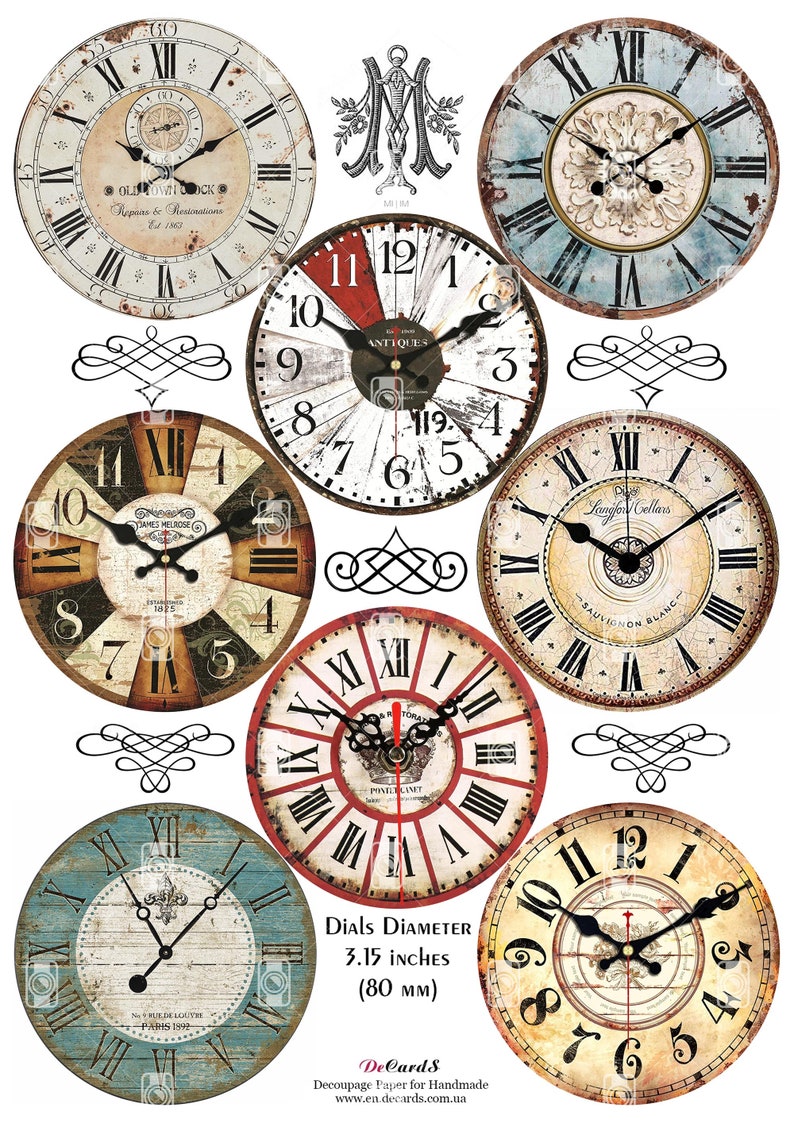 6 Decoupage Papers Set 48 Retro Clock Faces Diam. 3.15 80 Mm Victorian ...