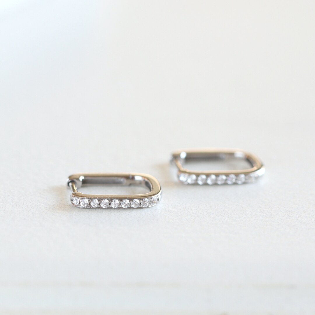 White Gold Oblong Huggie Hoops, Moissanite Rectangular Sleeper Earrings ...