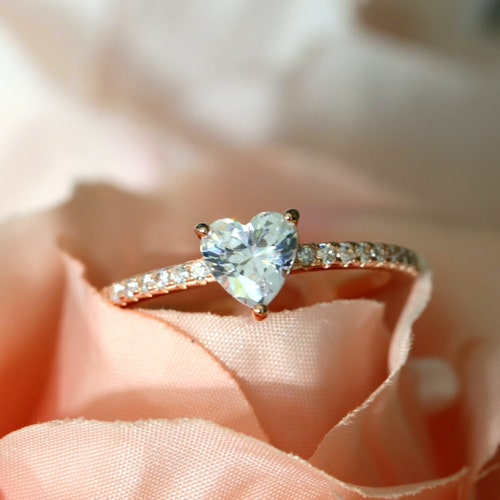Rose Gold Heart Engagement Ring Womens Heart Promise Ring - Etsy