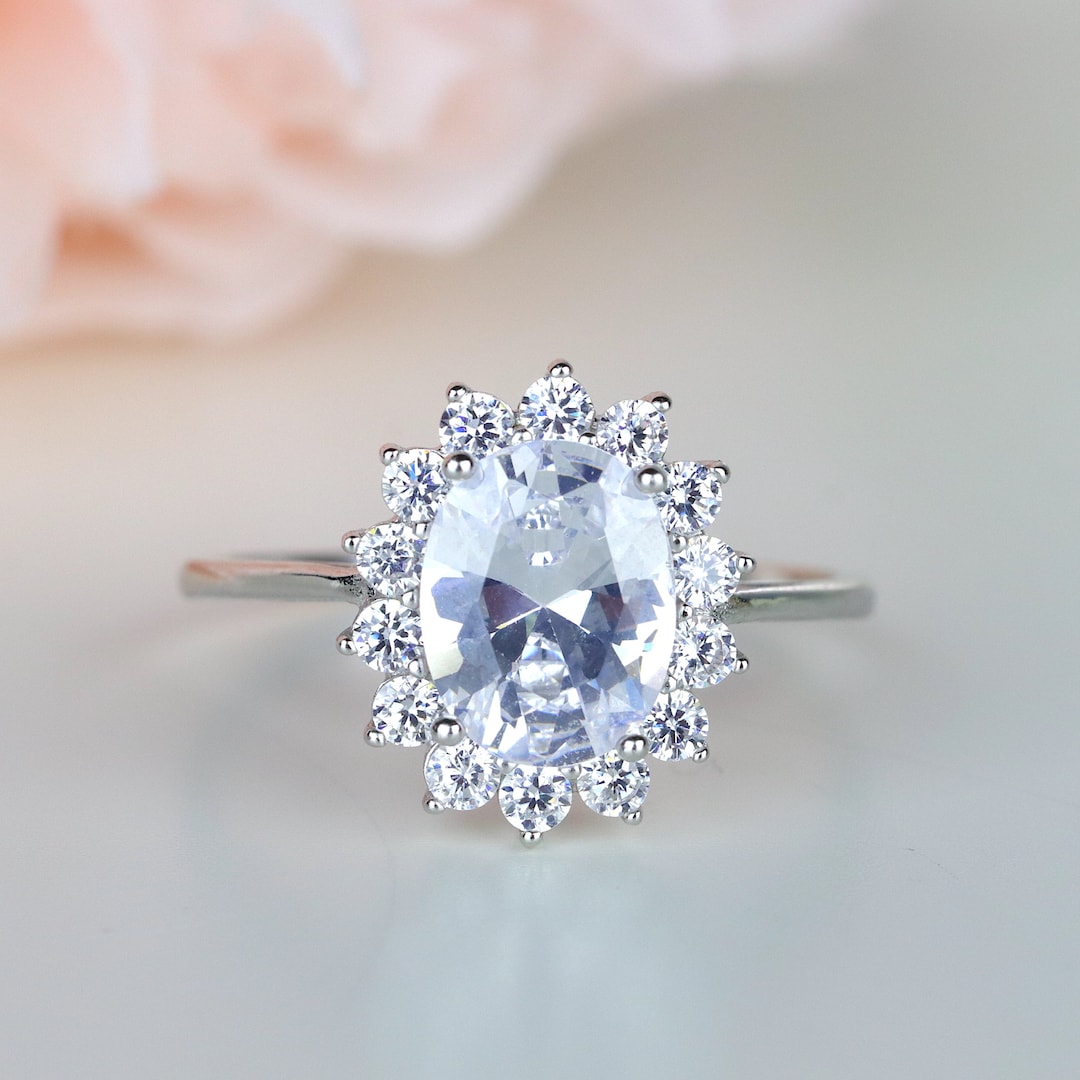 Oval Cut Sunburst Halo Engagement Ring – Sterling Silver CZ Bridal Ring ...