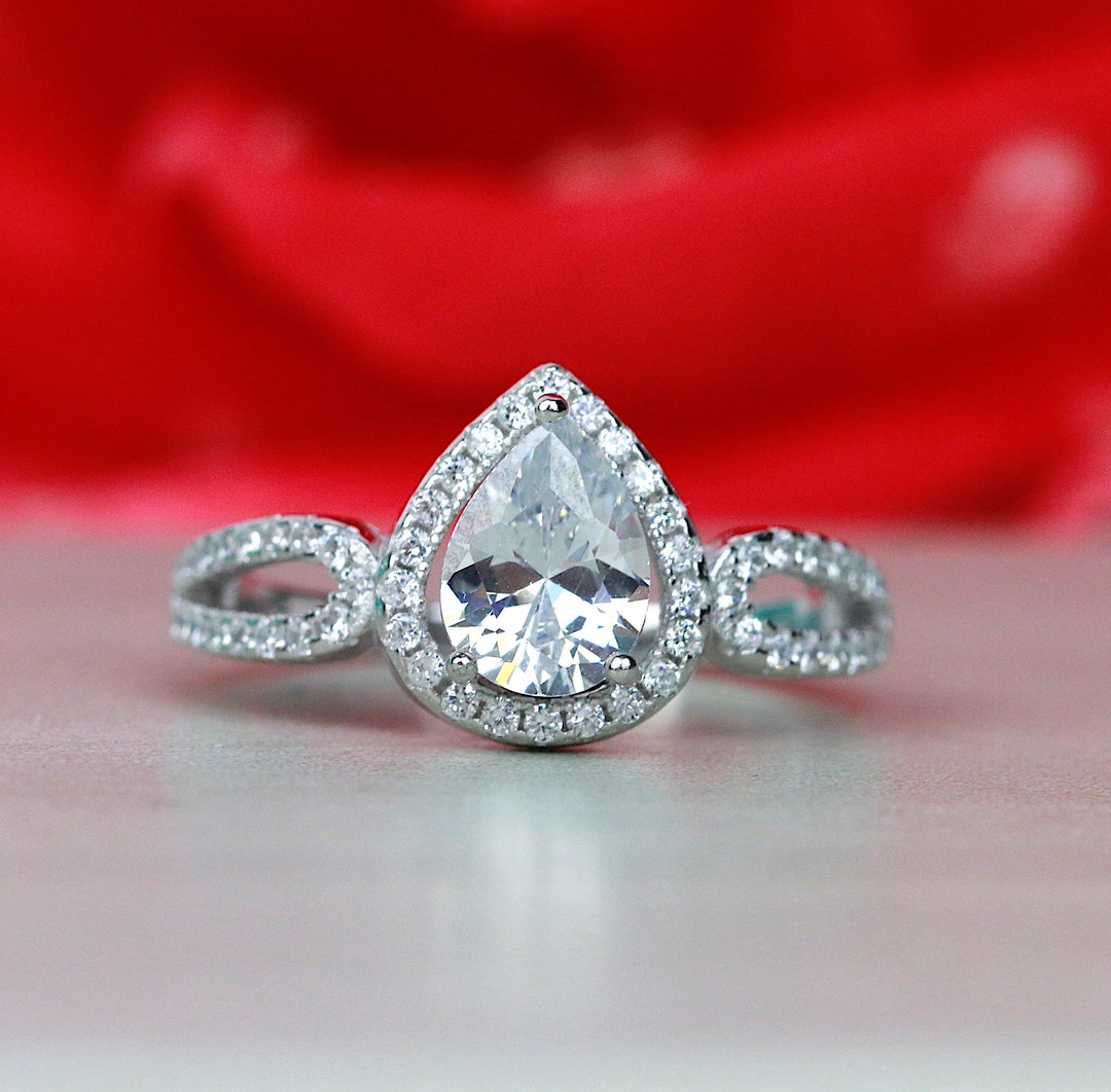 Pear Halo Engagement Ring: 1ct CZ, Sterling Silver Teardrop Promise ...
