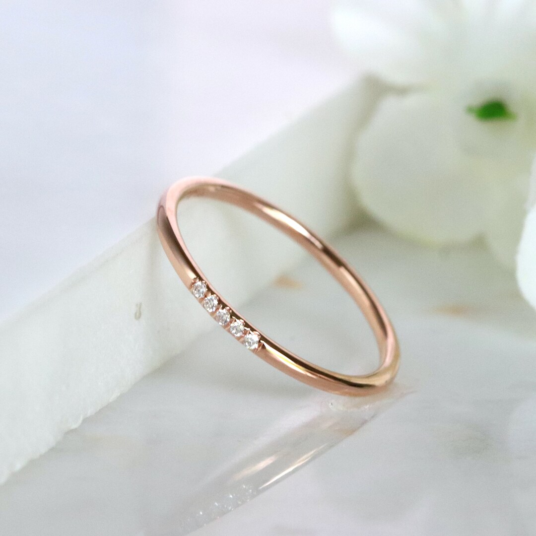 14K Rose Gold Diamond Line Ring – Dainty Stackable Wedding Band, Gift ...